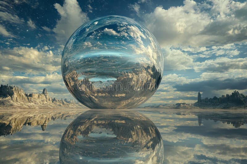 Reflection of an Immense Metallic Sphere Under a Vibrant Sky with ...