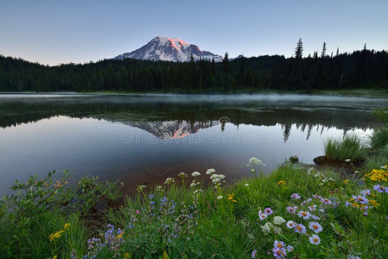 Reflection Lake sunrise stock image. Image of reflection - 36249377