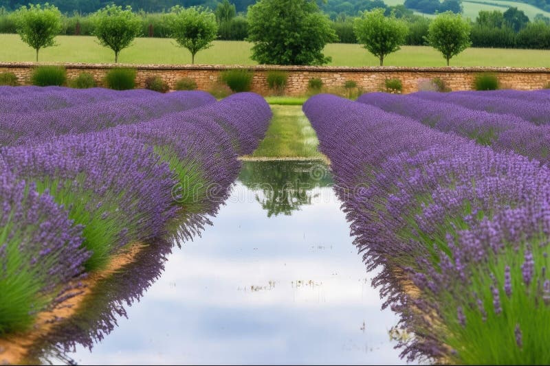 Reflection of Lavender Field in Still Pond Stock Illustration ...