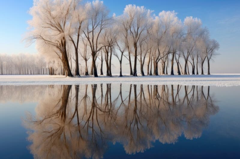 Reflection of Leafless Trees in Frozen Lake Stock Photo - Image of ...