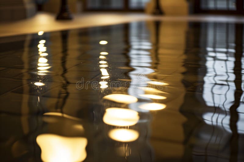 Reflection of a Light Fixture on a Glossy Water Surface Indoors Stock ...