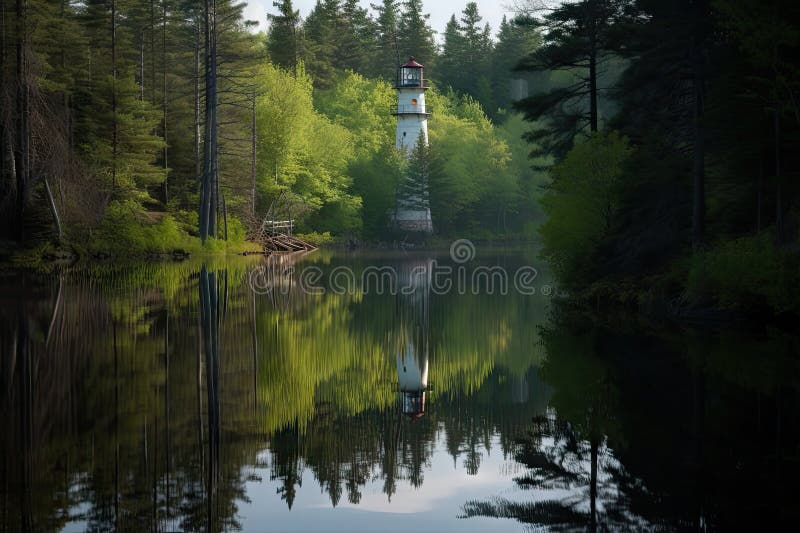 Reflection of Lighthouse in Still, Quiet Lake, Surrounded by Forest ...