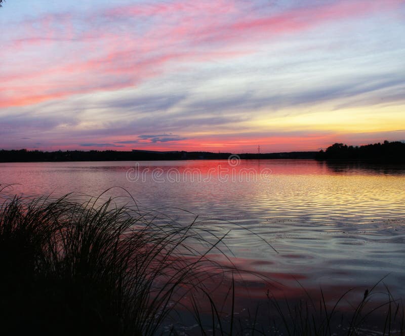 Reflection of the Lilac Sky in the Water of the Lake Stock Image ...