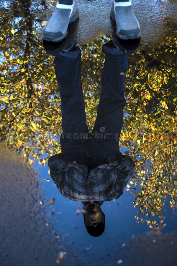 Reflection of Man in Puddle Stock Photo - Image of puddle, branches ...