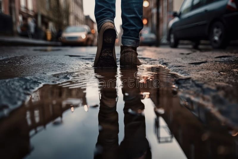 Reflection of Man Walking through Rain Puddle. Generative AI Stock ...