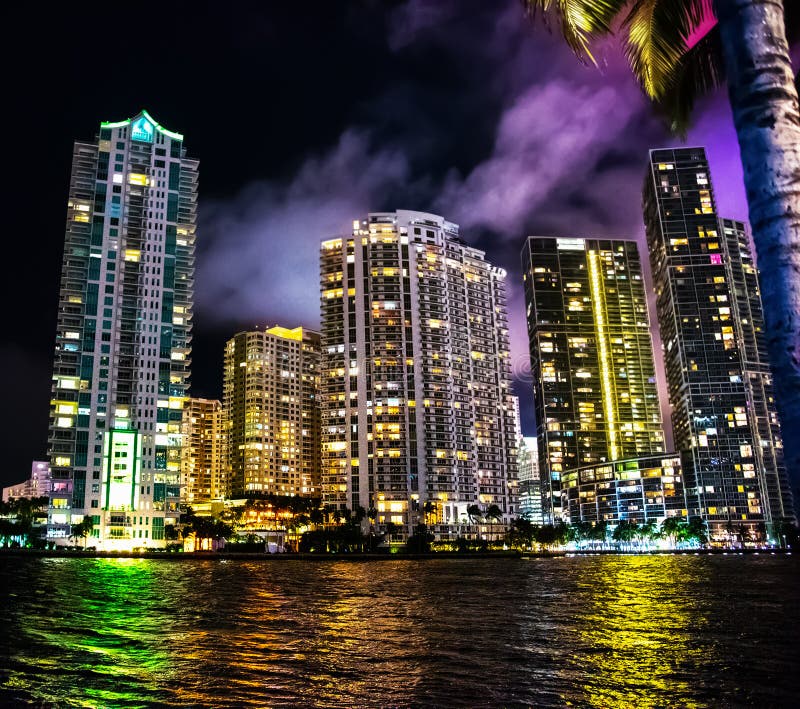 Reflection on Miami Riverwalk at Night Stock Photo - Image of modern ...