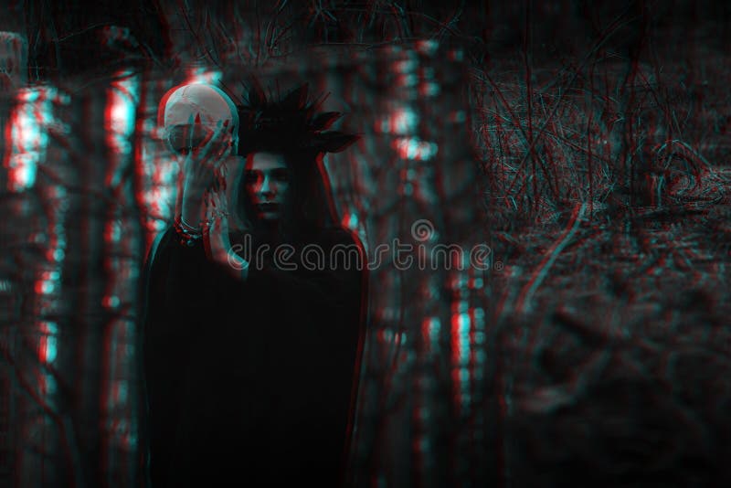 Reflection in the Mirror of an Evil Scary Witch with a Dead Man S Skull ...