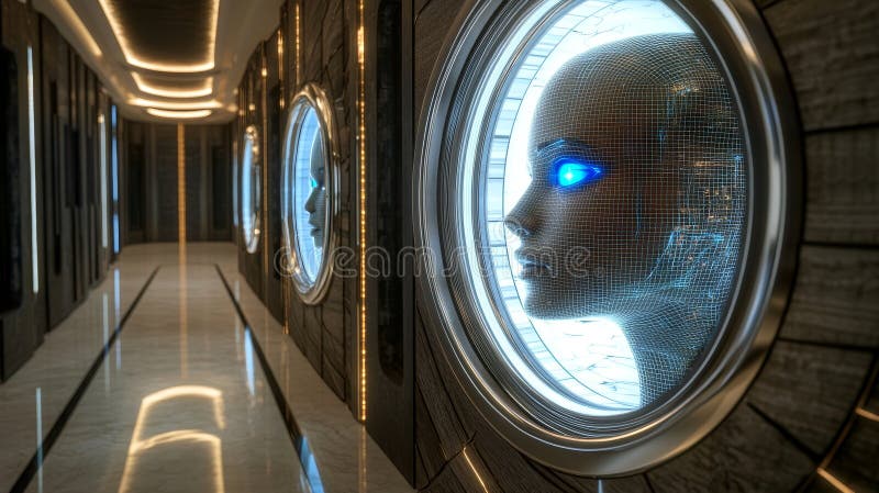 A Reflection in a Mirror Shows a Futuristic Robot with Blue Glowing ...