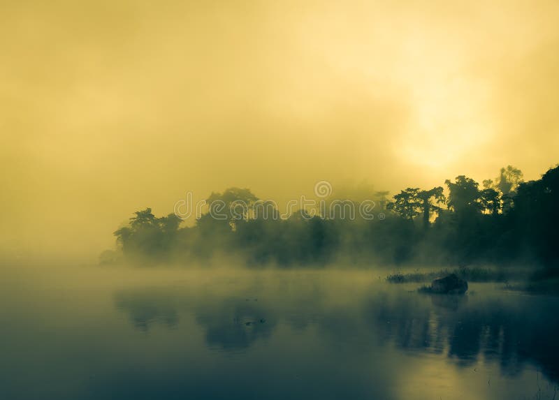 Reflection Mist Sunrise on Lake Stock Photo - Image of morning, high ...