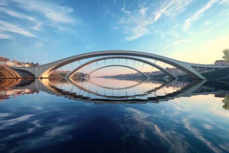 Reflection of a Modern Bridge on Calm Water Surface Stock Illustration ...