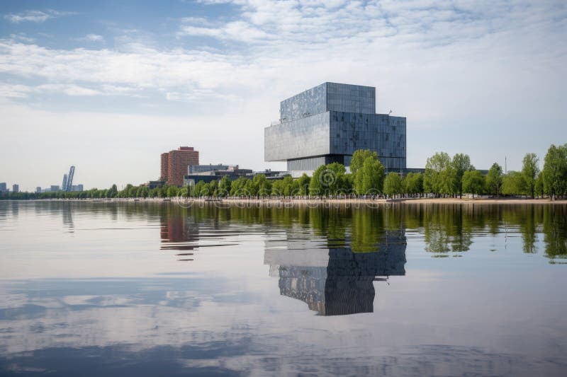 Reflection of Modern Building on the Water Stock Illustration ...