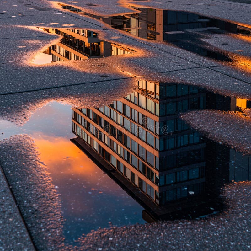 Reflection of a Modern Glass Building is Visible in a Puddle on a ...