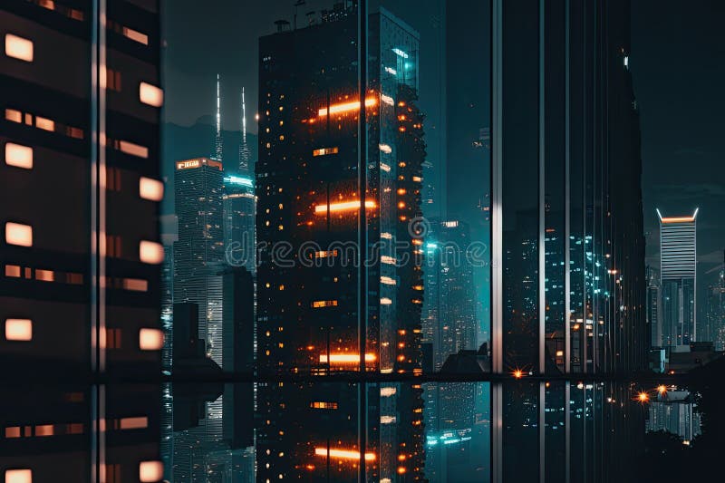 Reflection of a Modern High-rise with the Lights of the City Behind it ...