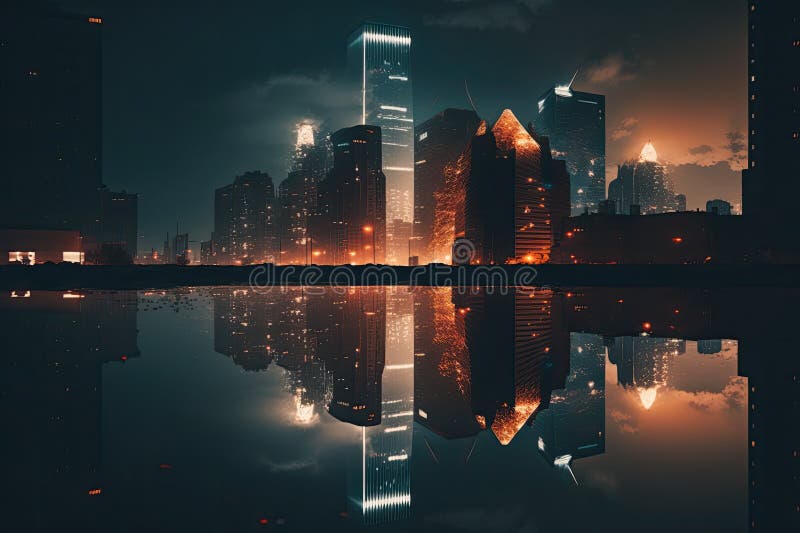 Reflection of a Modern High-rise with the Lights of the City Behind it ...