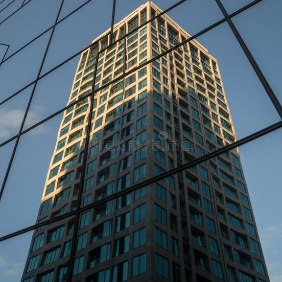 Reflection of a Modern Skyscraper with a Grid-like Pattern in Mirrored ...