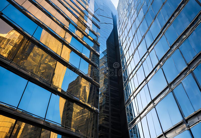 Reflection of Modern Skyscrapers in Windows of Office Building, during ...