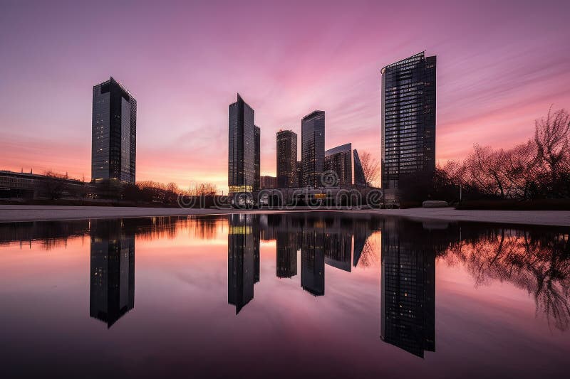 Reflection of Modern Towers, with Colorful Sunset in the Background ...