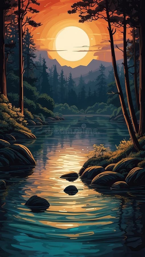 Reflection of Moonlight in a Stream Stock Illustration - Illustration ...