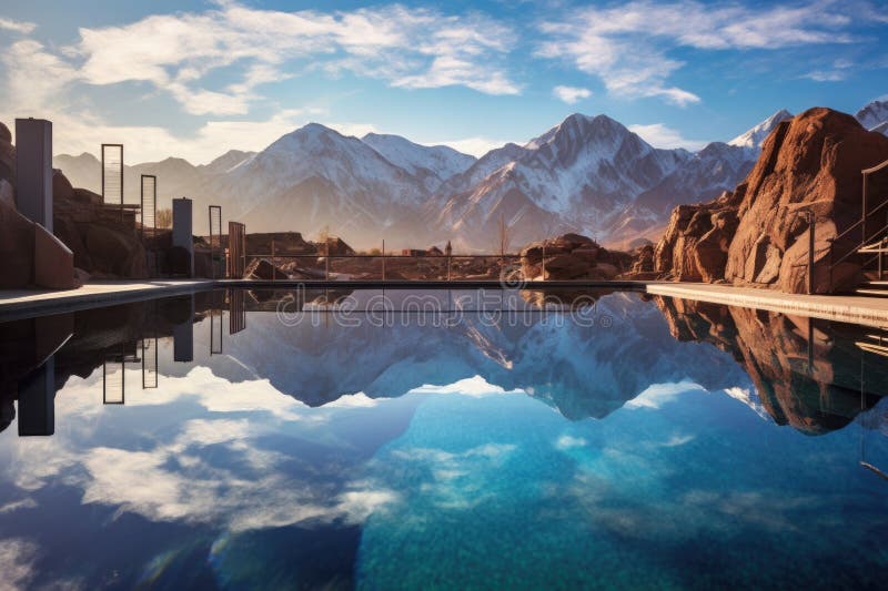 Reflection of Mountain Peaks in a Serene Hot Spring Pool Stock ...