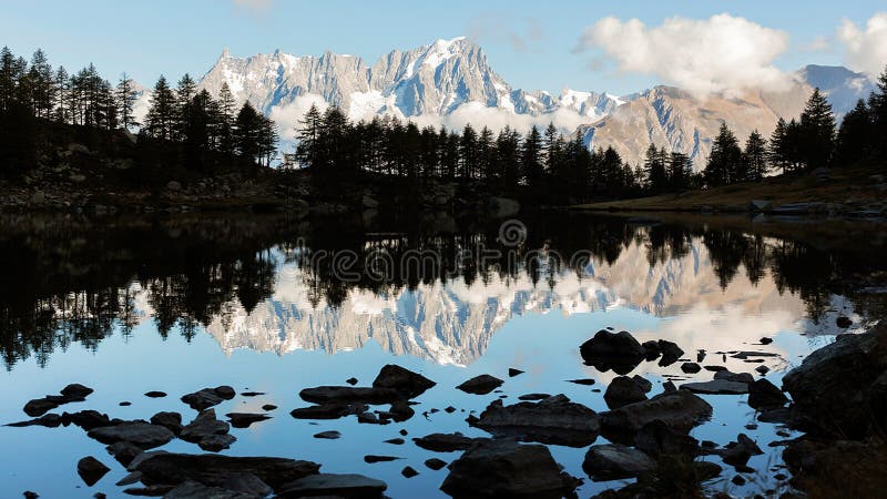 Reflection of a Mountain and a Tree Line in a Lake Stock Photo - Image ...