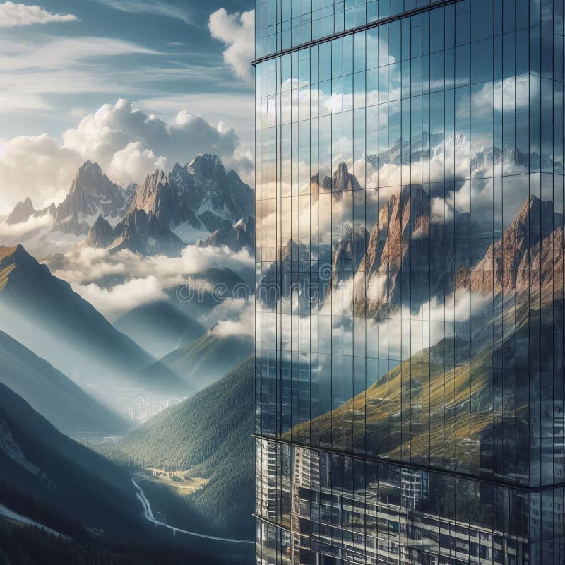 Reflection of Mountains in Glass Skyscraper a Modern Skyscraper Stock ...