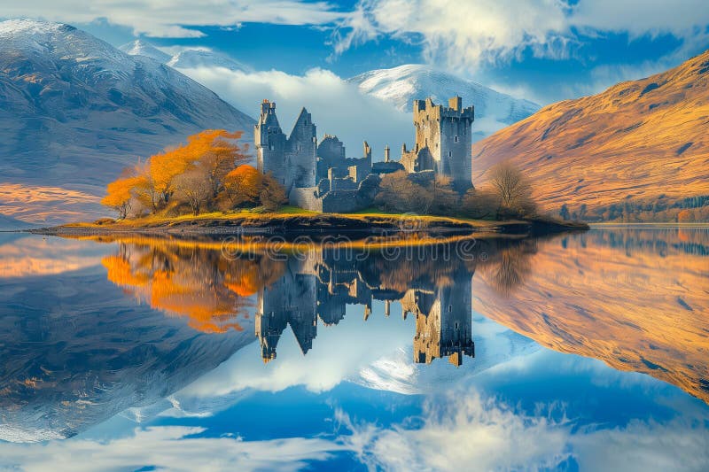Reflection of a Mystical Castle in a Lake Stock Illustration ...