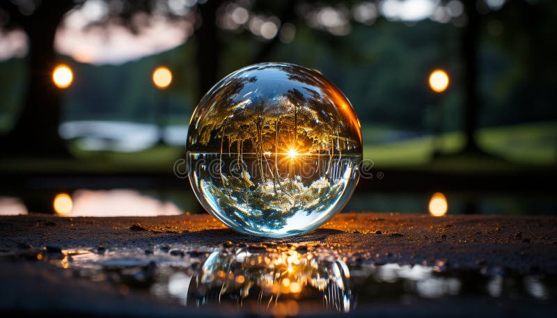 Reflection of Nature in Glass Sphere Outdoors at Night Generated by AI ...