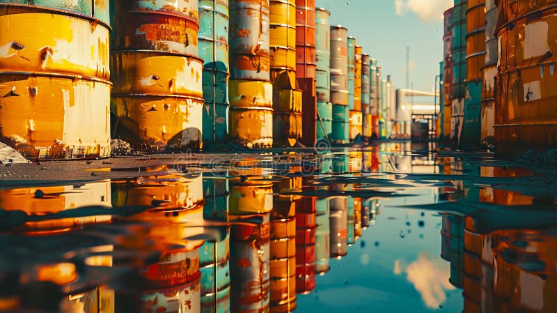 A Reflection of Oil Barrels in a Puddle Stock Image - Image of tank ...