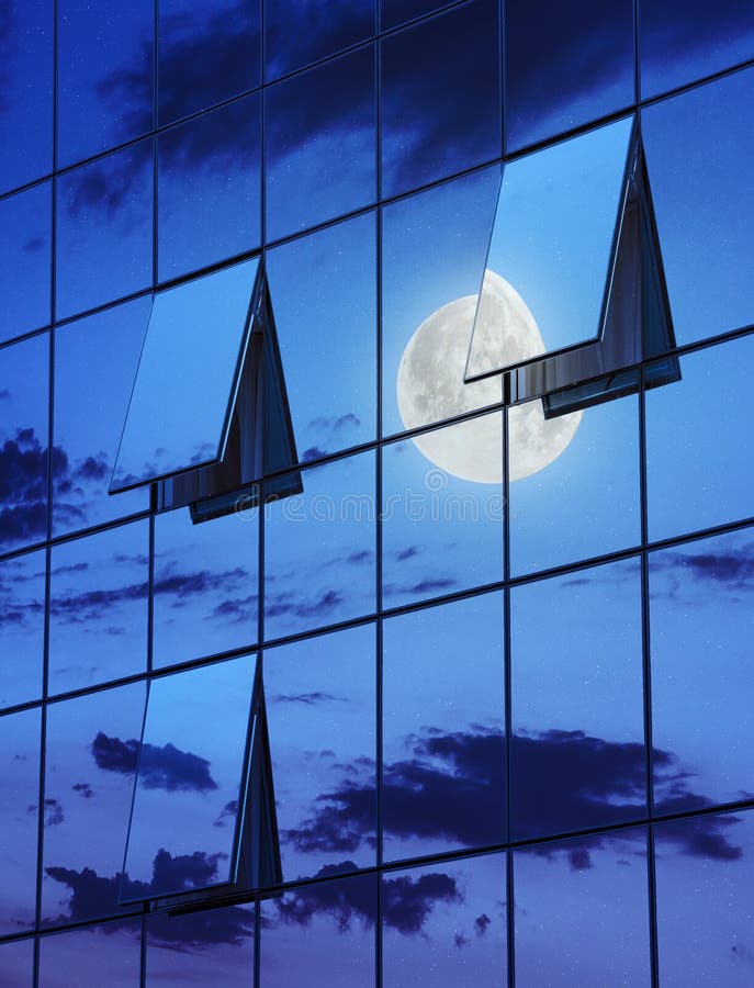 Reflection in Open Windows of Skyscraper at Nigh Stock Photo - Image of ...