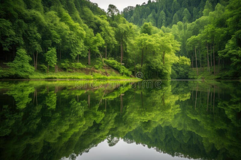 Reflection of Peaceful Lake Surrounded by Lush Green Forest, Perfect ...