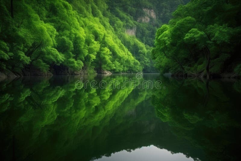 Reflection of Peaceful Lake Surrounded by Lush Green Forest, Perfect ...
