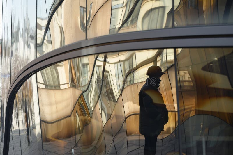 Reflection of a Person Distorted in Curved Glass Architecture Stock ...