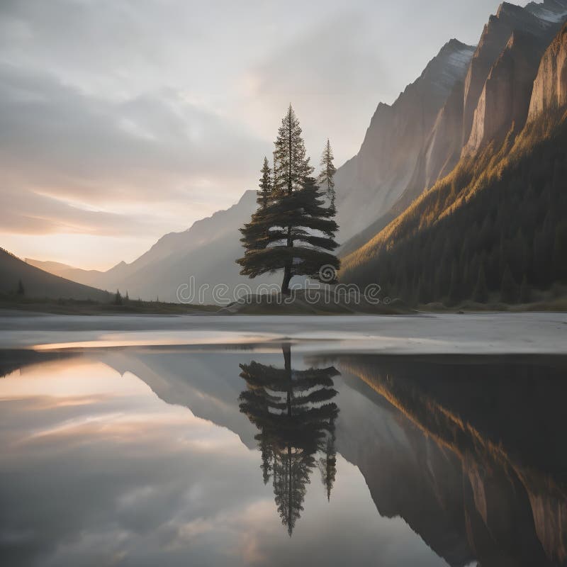 Reflection of a Pine Tree in Lake Louise. Generative Ai Stock Image ...