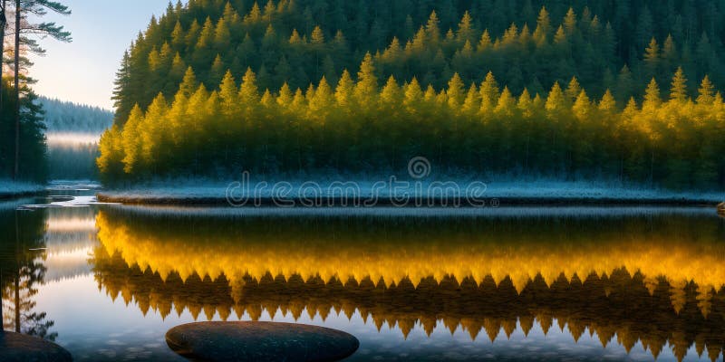 Reflection of Pine Trees in a Lake at Sunrise. Panoramic View ...