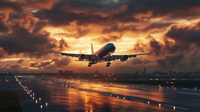 The Reflection of the Plane and the Runway Lights on the Wet Tarmac ...