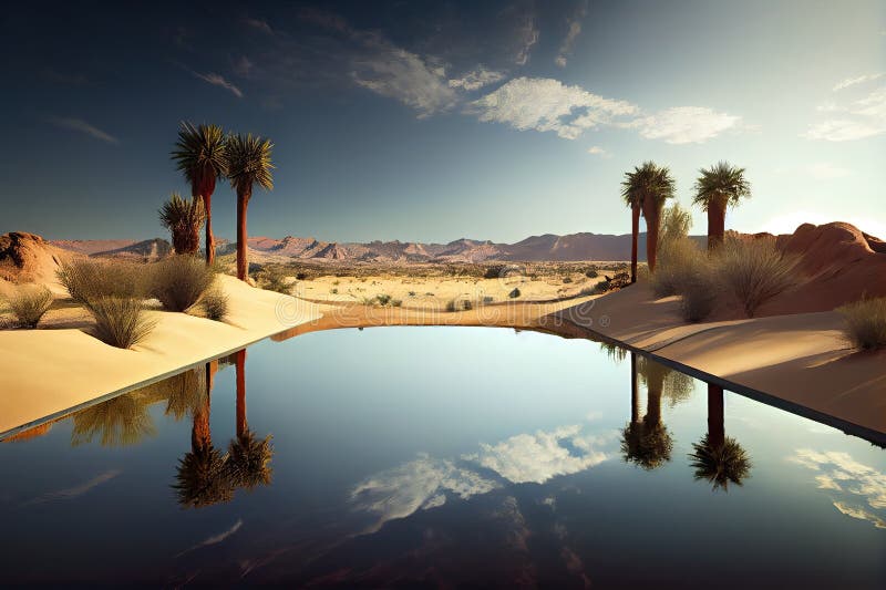 Reflection Pool in Oasis, with the Desert Visible in the Background ...