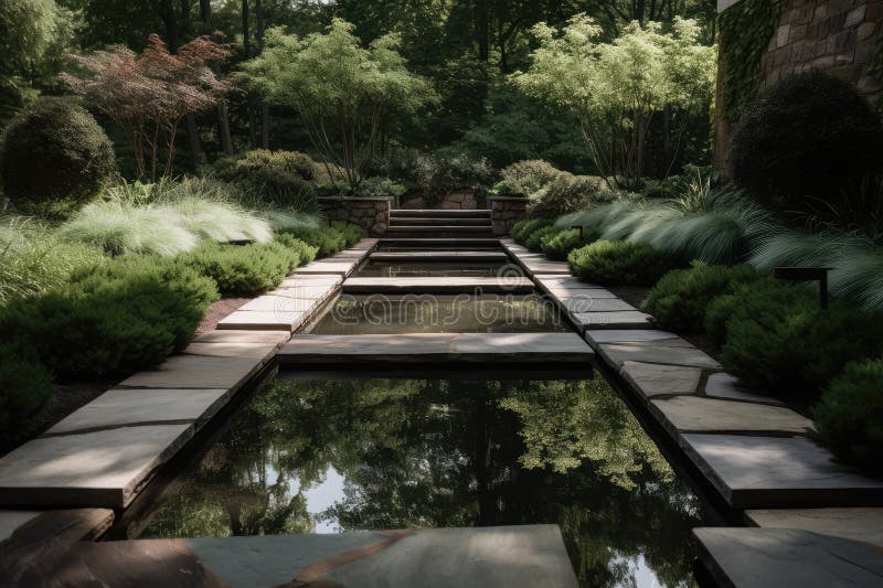 Reflection Pool with Stone Pathways and Stepping Stones Surrounded by ...