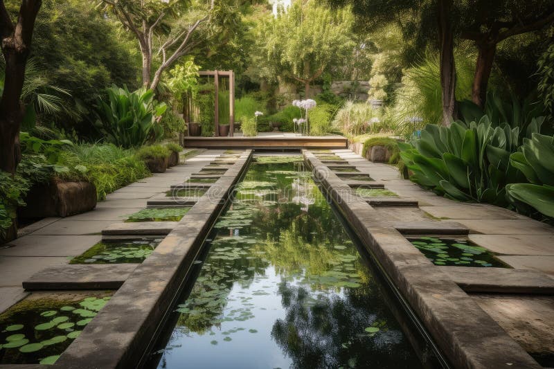 Reflection Pool with Stone Pathways and Stepping Stones Surrounded by ...