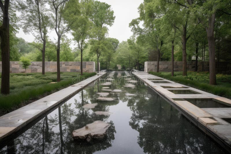 Reflection Pool with Stone Pathways and Stepping Stones Surrounded by ...