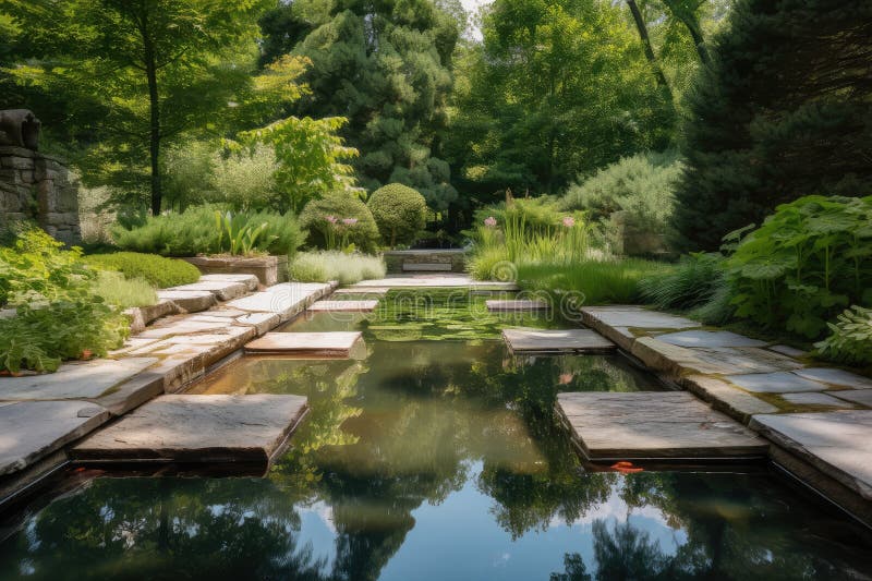Reflection Pool with Stone Pathways and Stepping Stones Surrounded by ...