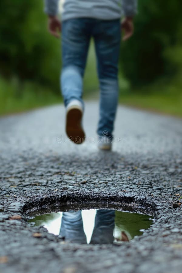 Reflection in Puddle with Person Walking Away on Road Stock Image ...