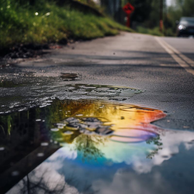 Reflection of the Rainbow and Clouds in a Puddle after the Rain ...