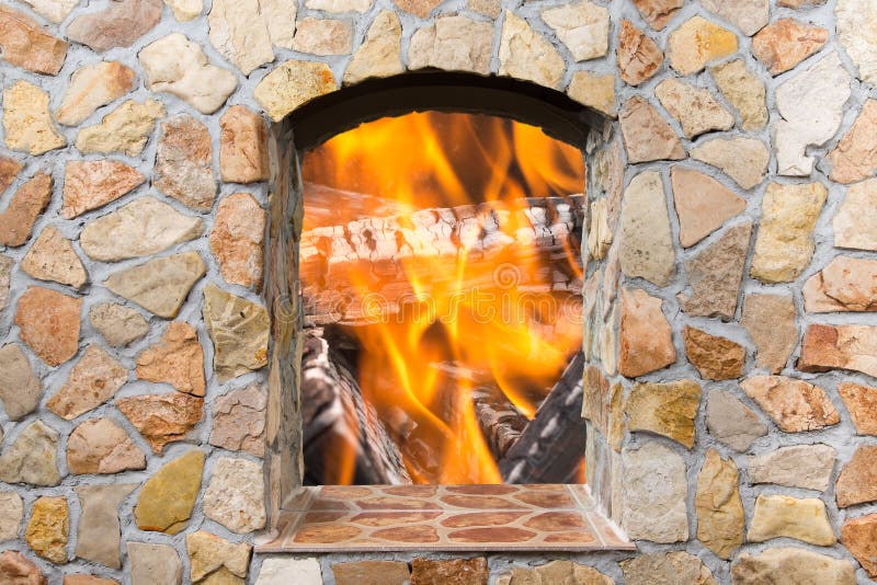 The Reflection of the Real Fire in a Mirror Decorative Stone Fir Stock ...