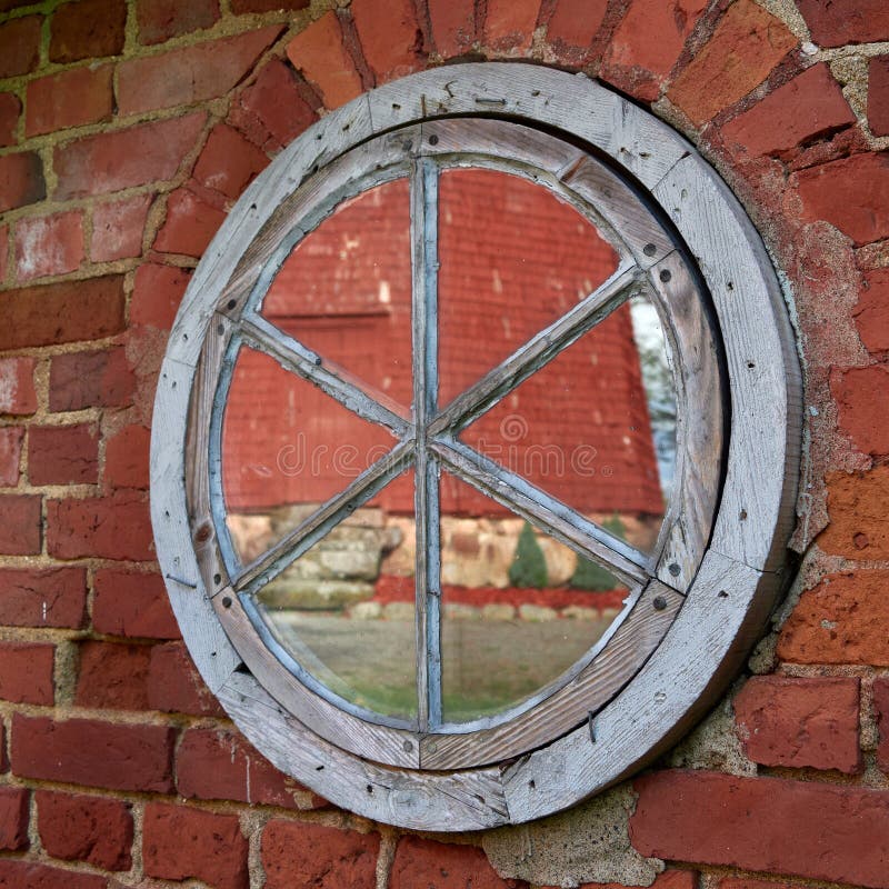 Reflection of Red Old Mill in Round Window. Stock Image - Image of life ...
