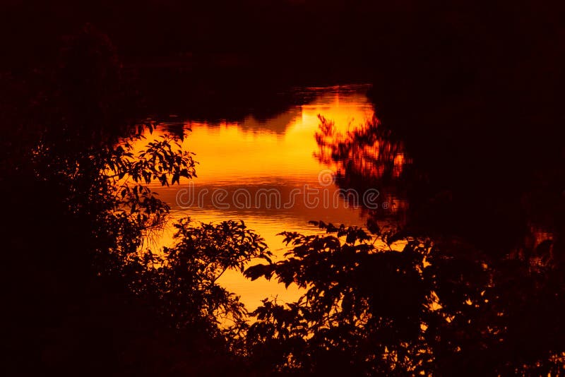 Reflection River and Shadow Tree in Water Beautiful Sunset Nature Stock ...