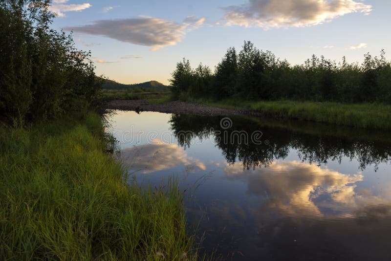 Reflection in the River. Spring or Summer Landscape River Clouds Blue ...