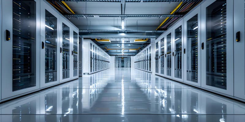 Reflection of Row of Servers in Modern Data Center on Shiny Floor with ...