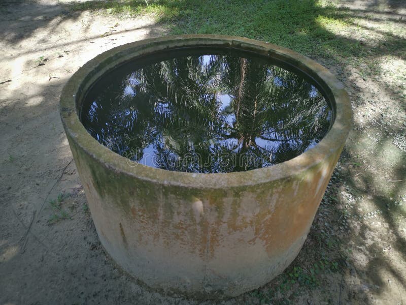 Reflection Scene on the Surface of the Concrete Well Fill with Water ...