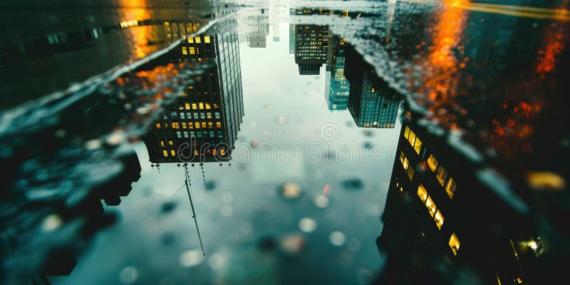A Reflection Shot of a Cityscape in a Puddle after Rain, Capturing the ...