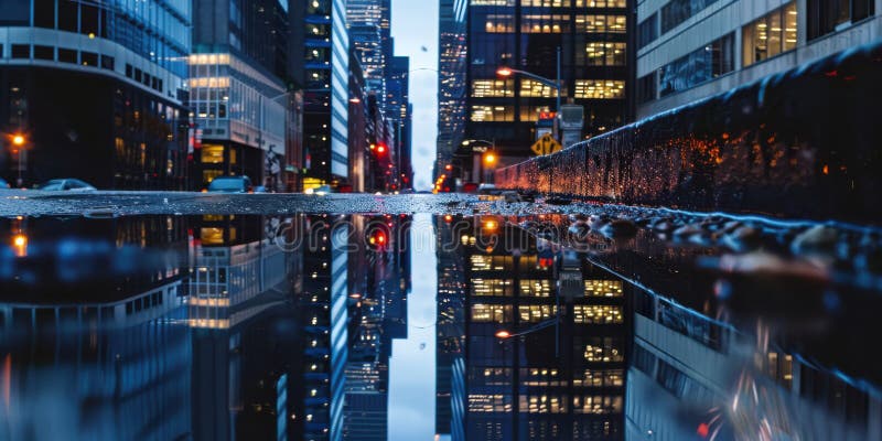 A Reflection Shot of a Cityscape in a Puddle after Rain, Capturing the ...